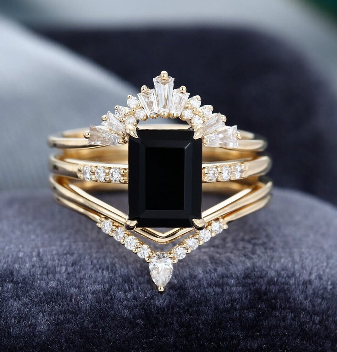 Emerald Cut Black Lab Diamond Ring Set: 14K Gold Finish Solitaire ...