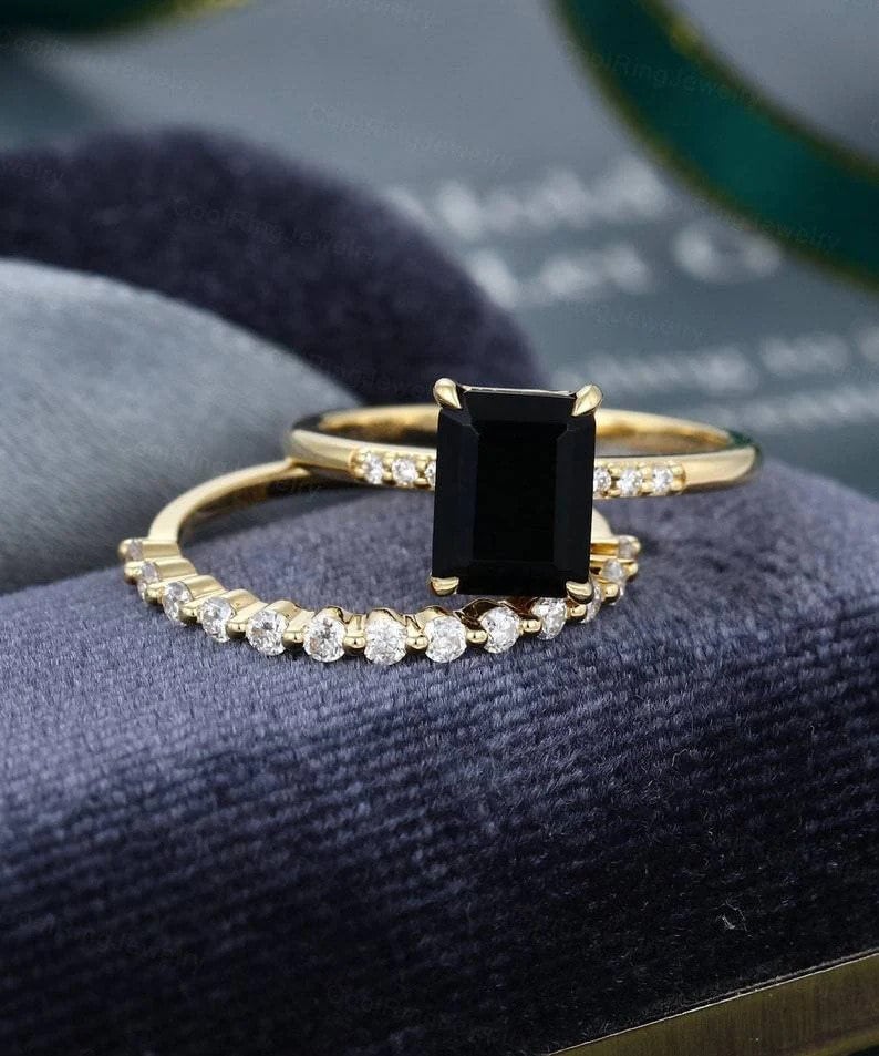 Emerald Cut Black Lab Diamond Solitaire Ring Set, 925 Sterling Silver ...