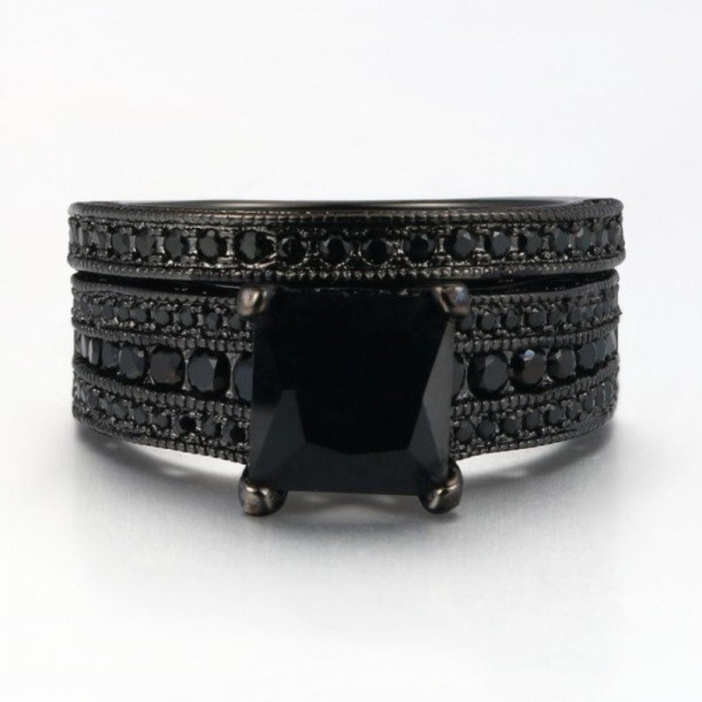 Black Diamond Ring Set Black Princess Cut CZ Diamond - Etsy