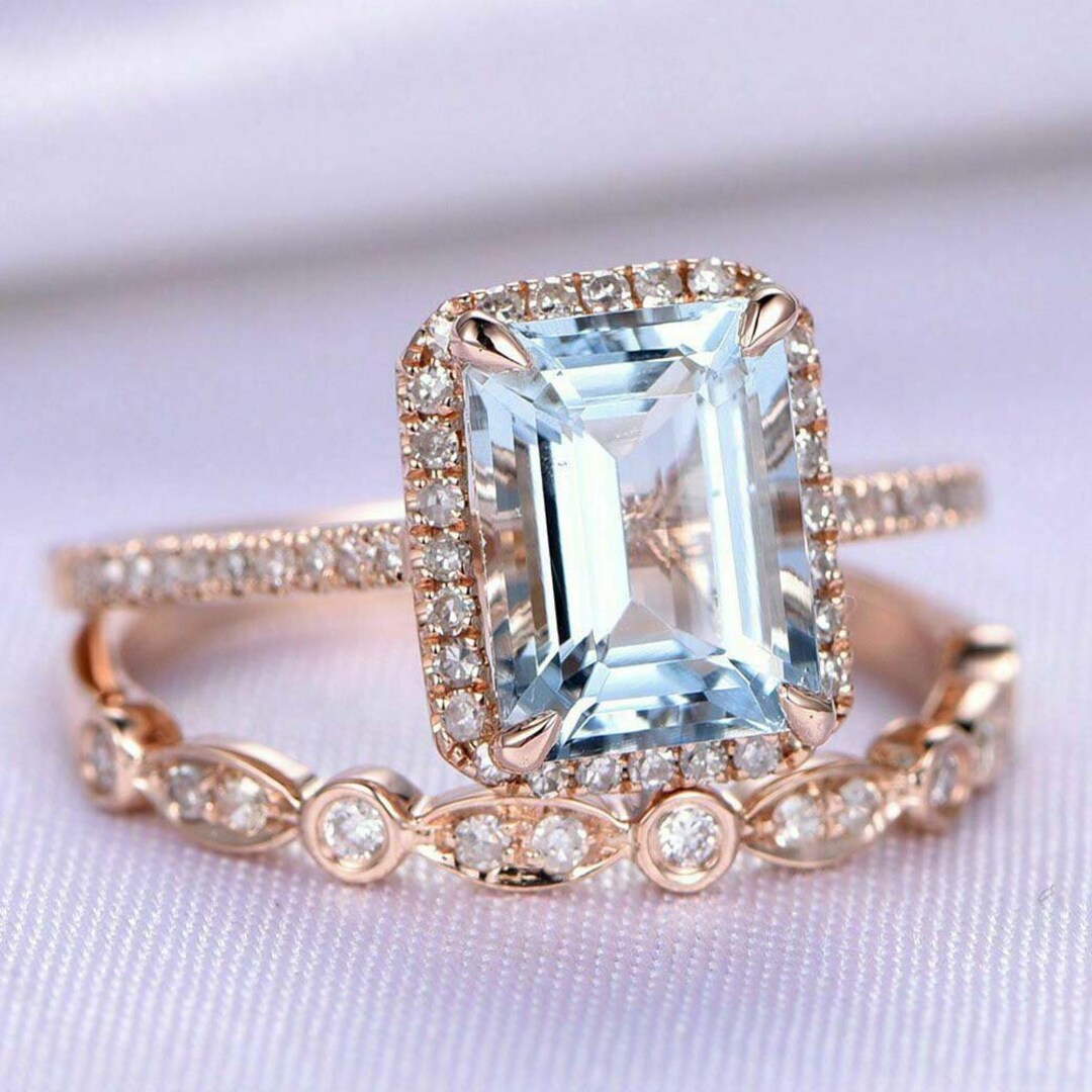 3.00 Carat Emerald Cut Aqua Blue Diamond Solitaire Engagement Ring Set ...
