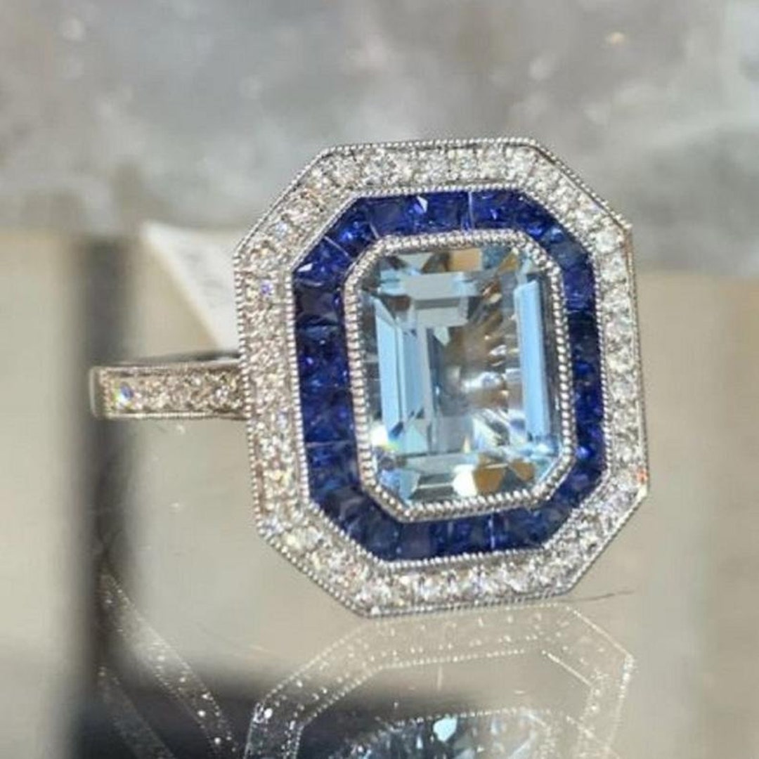 Aqua Blue Ring, Vintage Art Deco 2CT Aqua Blue Emerald Cut CZ Diamond ...