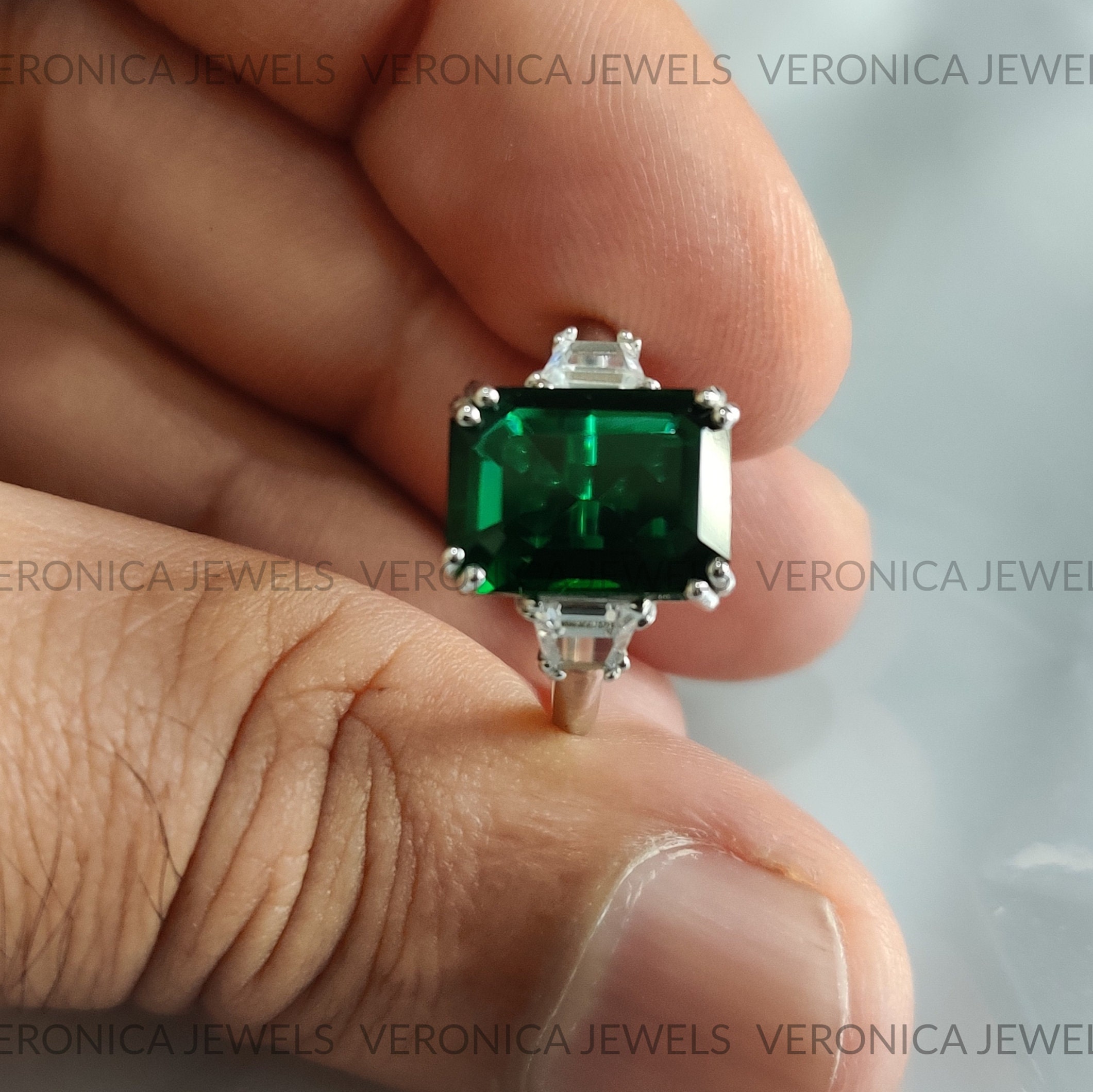 Green Diamond Ring Emerald Cut Green Ring Minimalist Style | Etsy