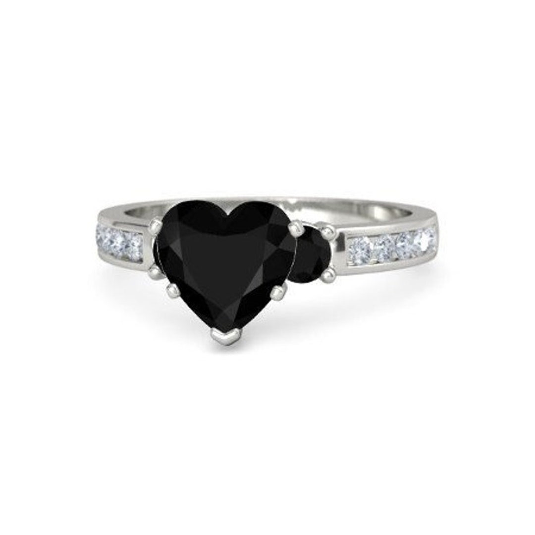 3.00 Carat Heart Cut Black Lab Diamond Ring Set: Sterling Silver ...