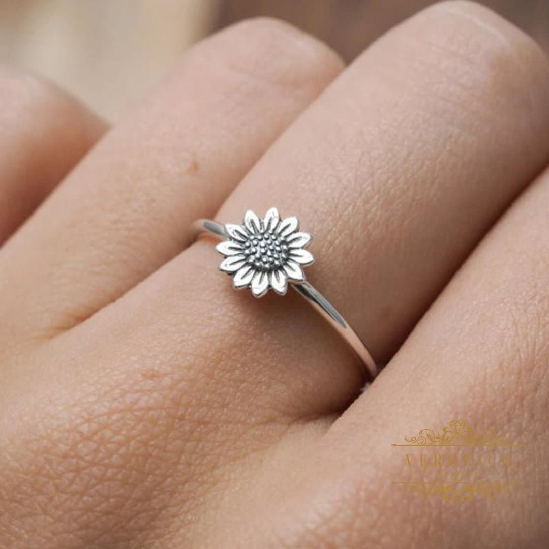 New Sunflower Ring, Flower Stack Ring, Solid 925 Sterling Silver, Flower Ring, Antiqued ...