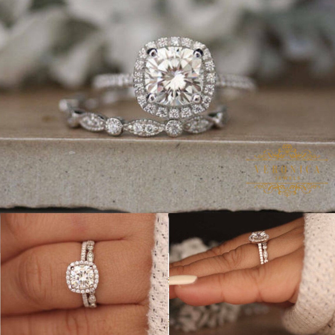 2.05 CT White Cushion & Round Cut Lab Diamond Engagement ring | Etsy