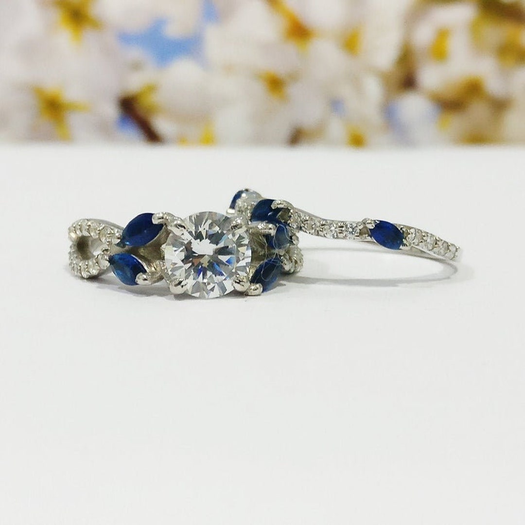 Blue Diamond Ring Set, 2ct White Round Cut CZ Diamond & Blue Sapphire ...