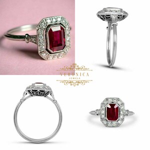 Vintage Art Deco 2.10 CT Red Ruby Emerald Cut & CZ Diamond Wedding Ring ...