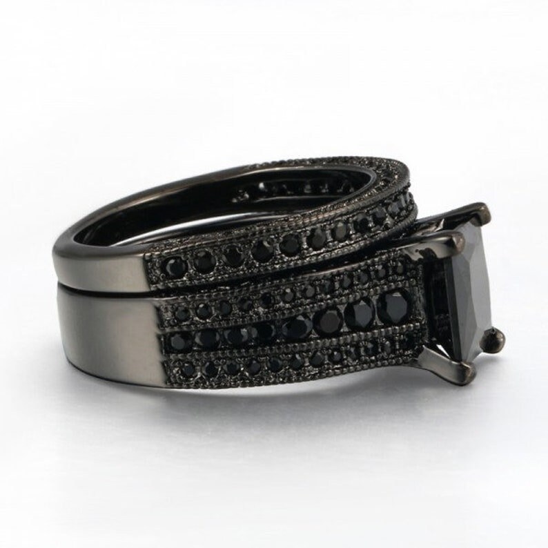 Black Diamond Ring Set Black Princess Cut CZ Diamond | Etsy