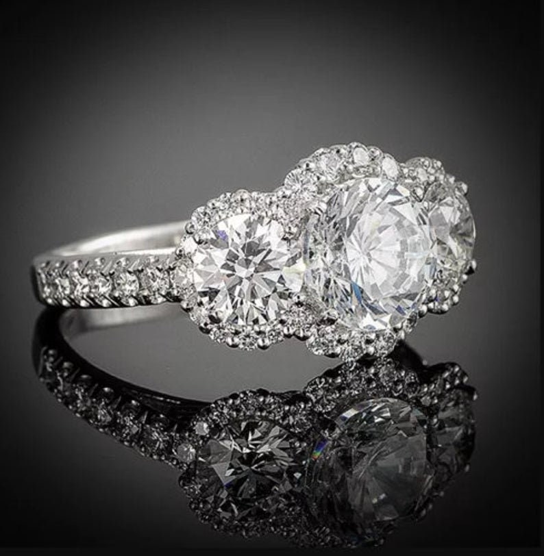 Art Deco Three Stone Ring Round Moissanite Ring14k Three - Etsy