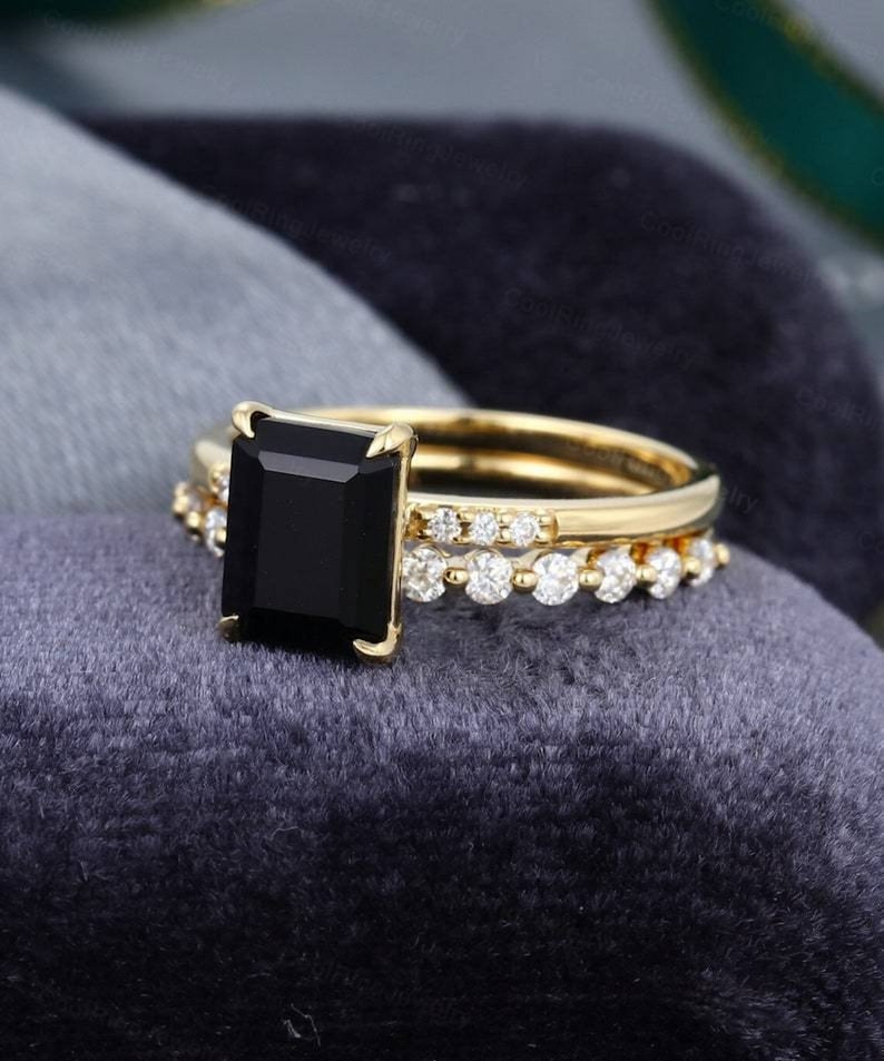 Emerald Cut Black Lab Diamond Solitaire Ring Set, 925 Sterling Silver ...