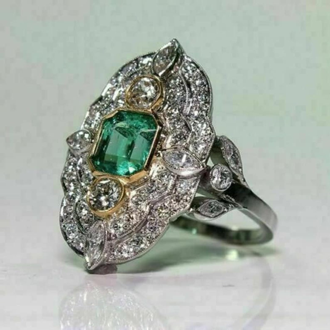 Green Emerald & Multi Diamond Art Deco Ring, Two Tone Vintage Style ...
