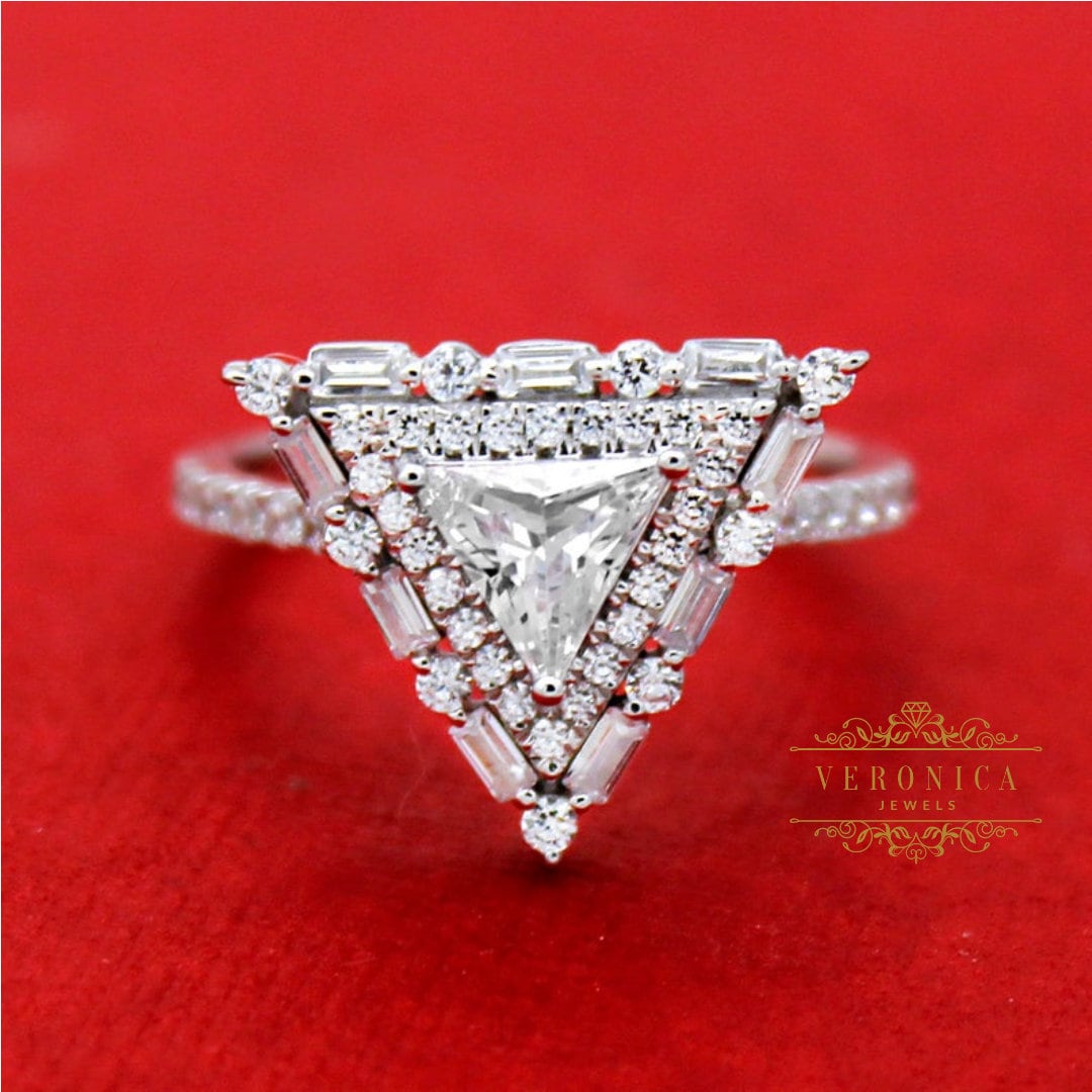 Trillion Cut Lab Diamond Engagement Ring: 925 Sterling Silver Halo ...