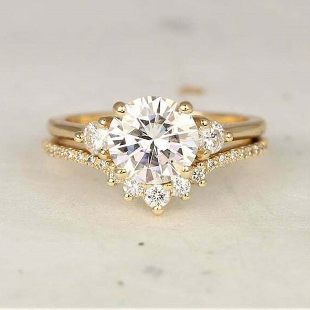 Drei Stein CZ Diamant Ring Set, 14K Gold, Jubiläumsring - Etsy Österreich