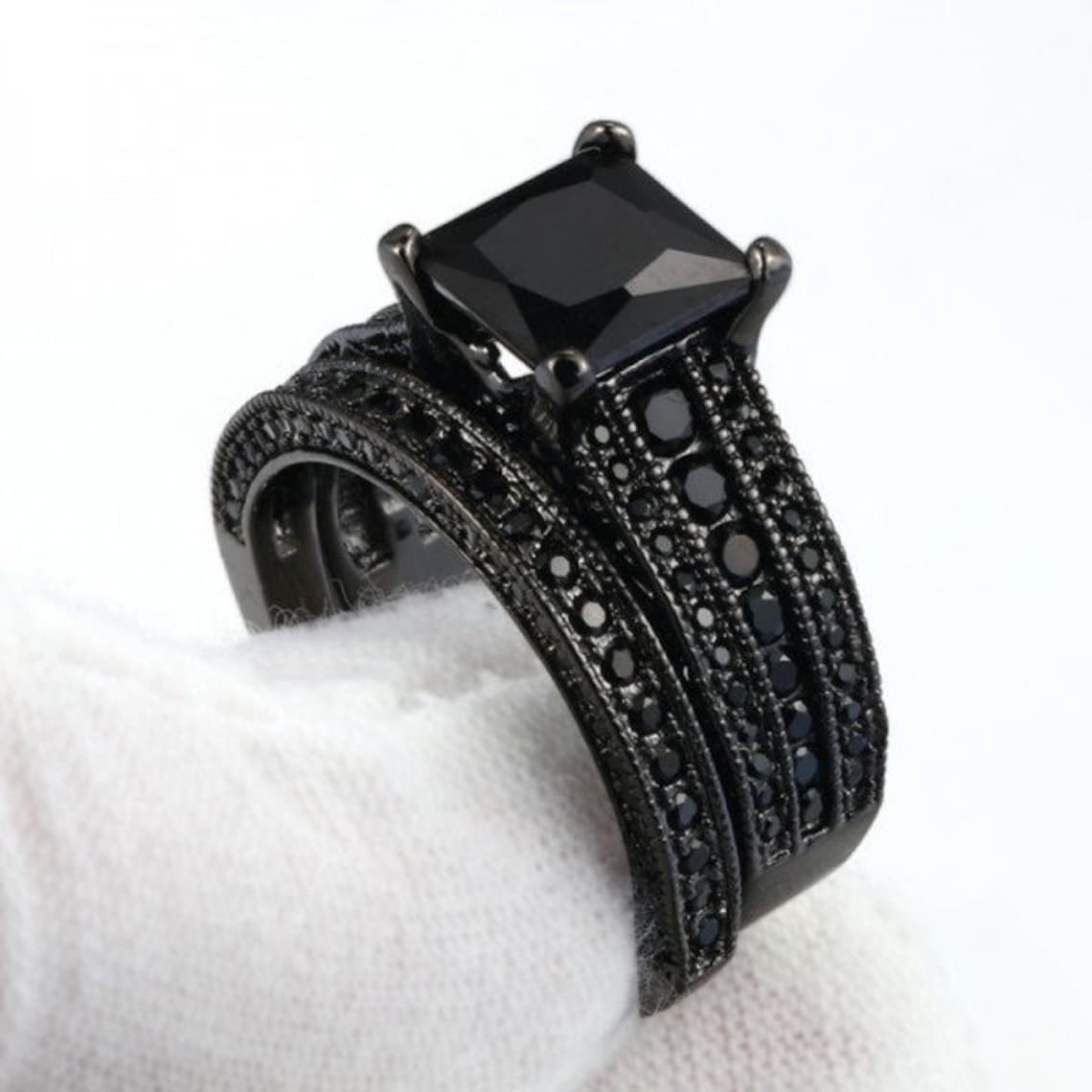 Black Diamond Ring Set Black Princess Cut CZ Diamond - Etsy