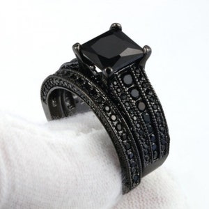 Black Diamond Ring Set, Black Princess Cut CZ Diamond Engagement ...