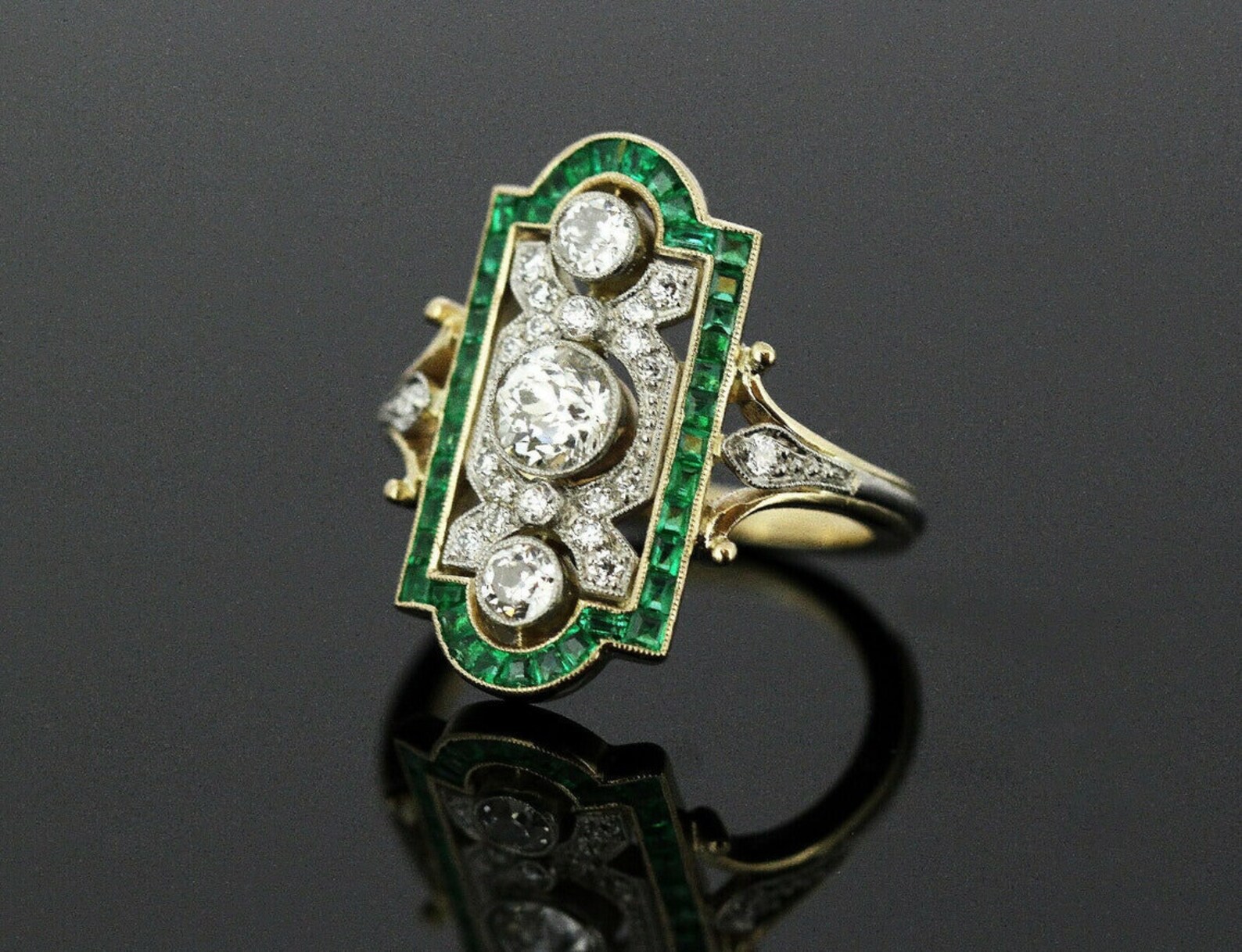 Green Three Stone Ring Exclusive Art Deco CZ Diamond Wedding - Etsy