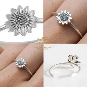 New Sunflower Ring, Flower Stack Ring, Solid 925 Sterling Silver, Flower Ring, Antiqued ...