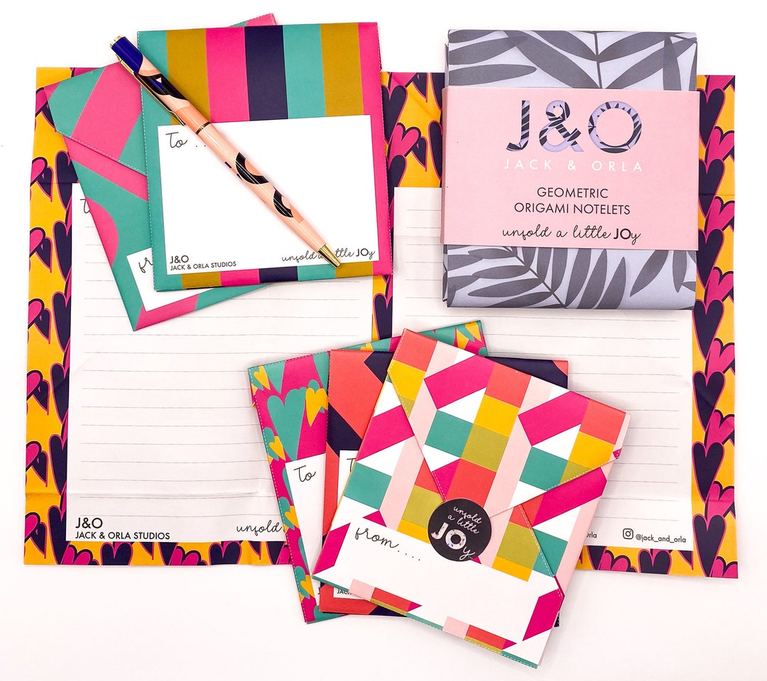Set of 6 Origami Letter Writing Notelets | Bright Geometric Designs ...
