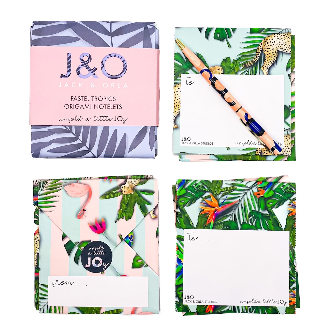 Set of 6 Origami Letter Writing Notelets Pastel Tropical Print Folding ...