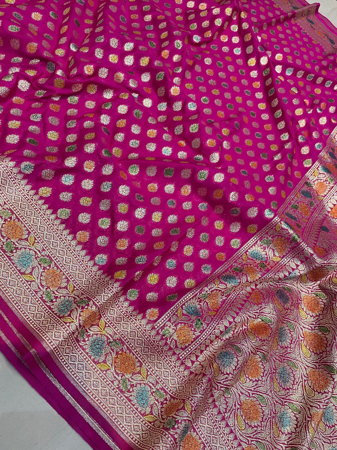 Handwoven Banarasi Silk Saree: Floral Embroidery, Contrast Blouse - Etsy