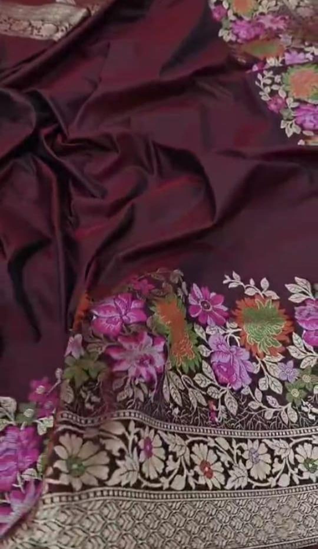 Dark Maroon With Multy Floral Weaving Work Banarasi Katan - Etsy