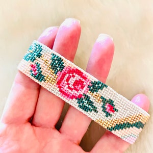 Beaded Pink Rose Loom Bracelet Pattern. Miyuki Delica 11/0 Beading ...