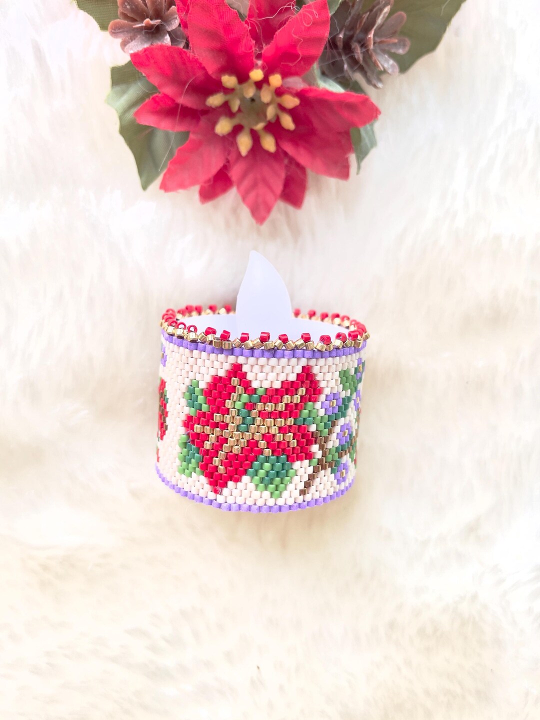Poinsettia Beaded Tea Light Cover Even Peyote PDF Pattern With Miyuki ...