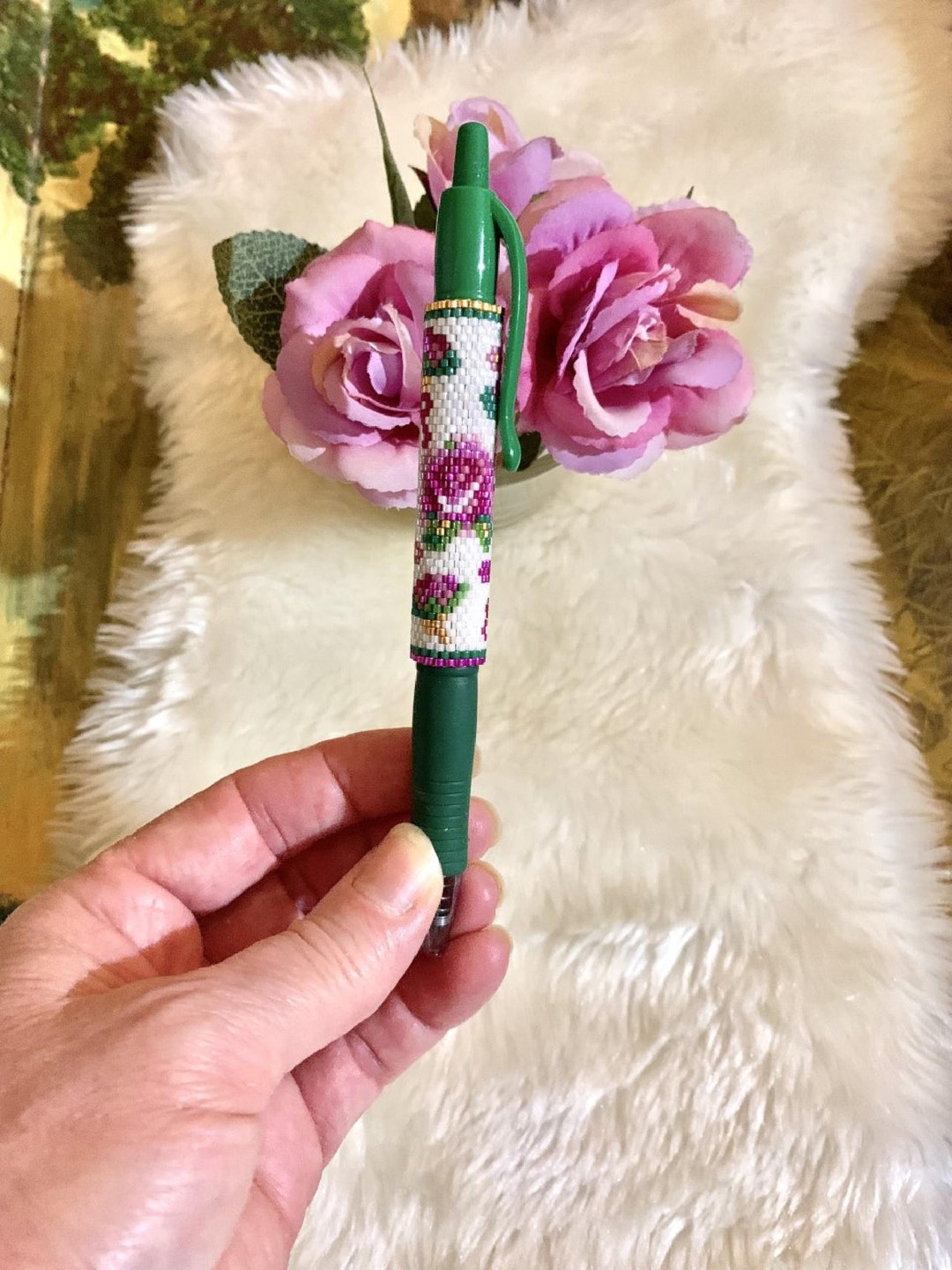 Pink Roses Peyote Weaving Pen Cover for G2 Pen Wrap Miyuki Delica Seed ...