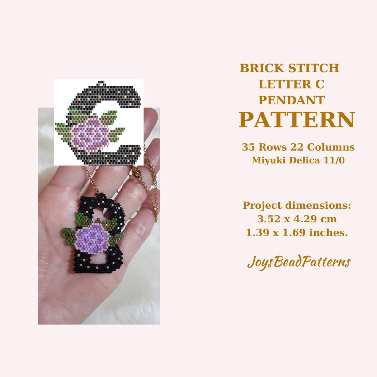 Brick Stitch Beading Letter C With Rose Pendant PDF Digital Pattern. - Etsy