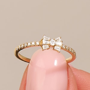 14k Gold Bow Ring Solid Gold Promise Ring for Her Dainty Diamond Ring ...