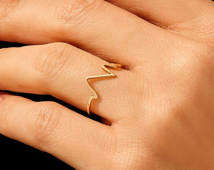 14k Solid Gold Rhythm Ring, Heartbeat Ring, Unique Love Ring, Zigzag Ring, Modernist Ring ...