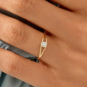 Solid Gold Promise Ring, 14k Split Shank Solitaire Cz Ring, Minimalist ...