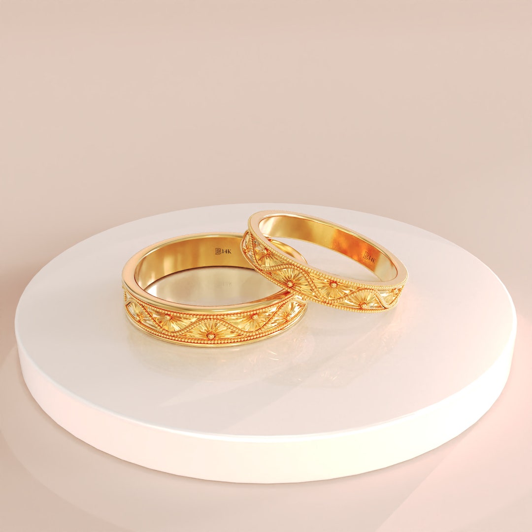 Flower Design Gold Wedding Band, 14k Solid Gold Bold Marriage Ring ...