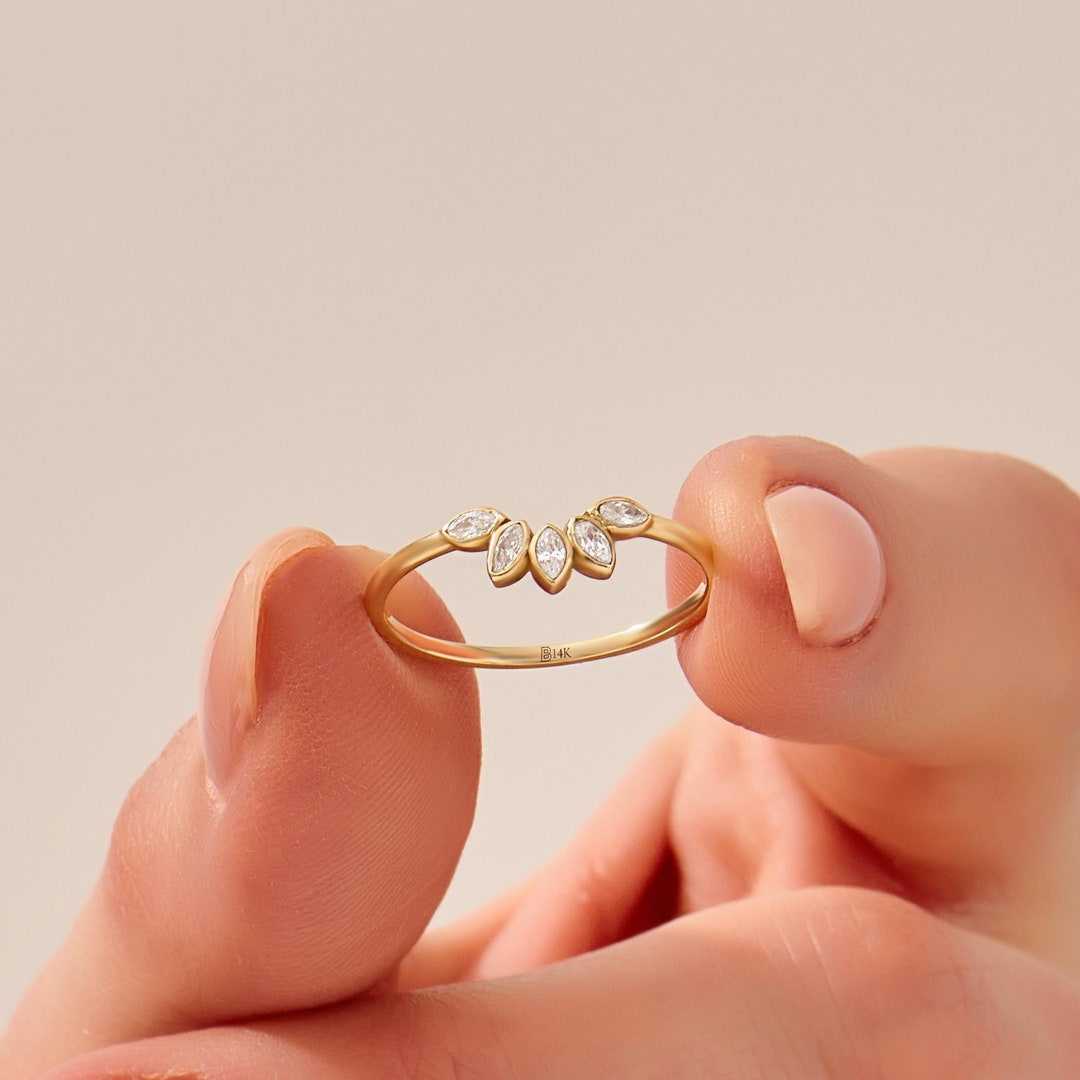 14k Solid Gold Curved Wedding Ring – Marquise Sunburst Stacking Band ...