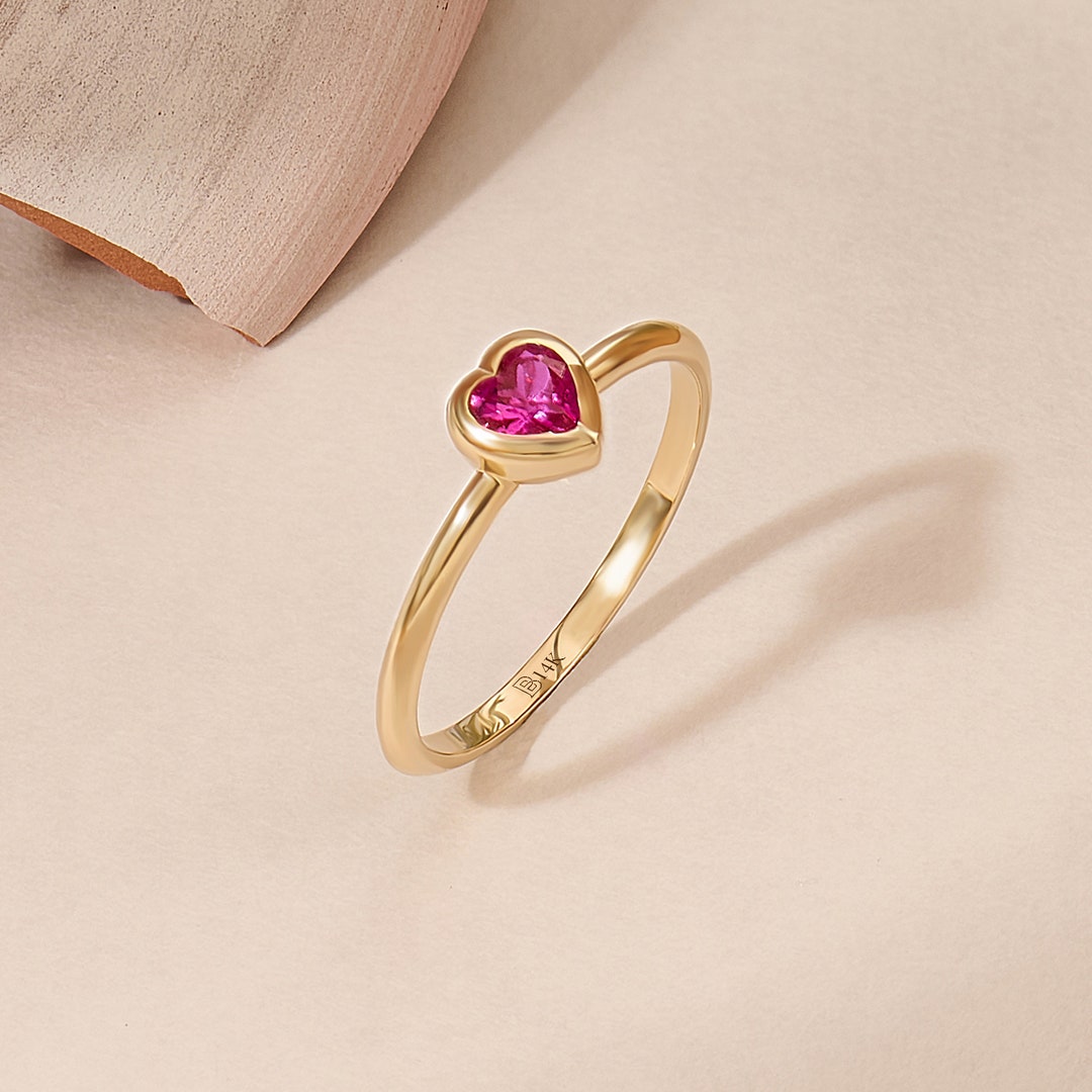 14k Solid Gold Ruby Heart Ring • Dainty Bezel Pinky Ring for Women ...