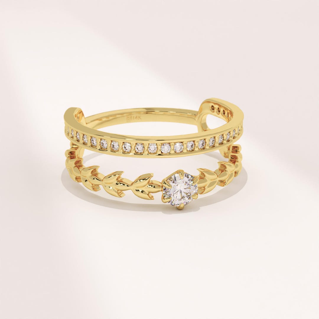 Double Band Wedding Band Engagement Ring for Women 14k Solid Gold Half ...