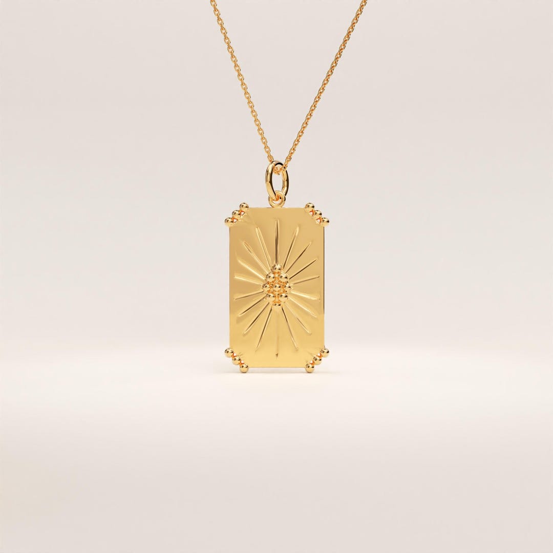 Solid 14k Gold Sunbeam Pendant Necklace Women Rectangle Shape ...