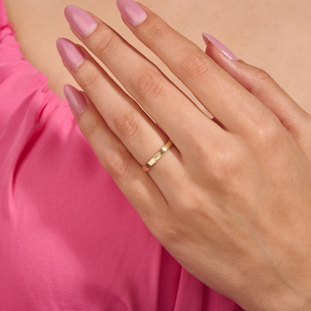 Solid Gold Simple Wedding Band, 14k Tiny Cz Detailed Classic Ring, Flat ...