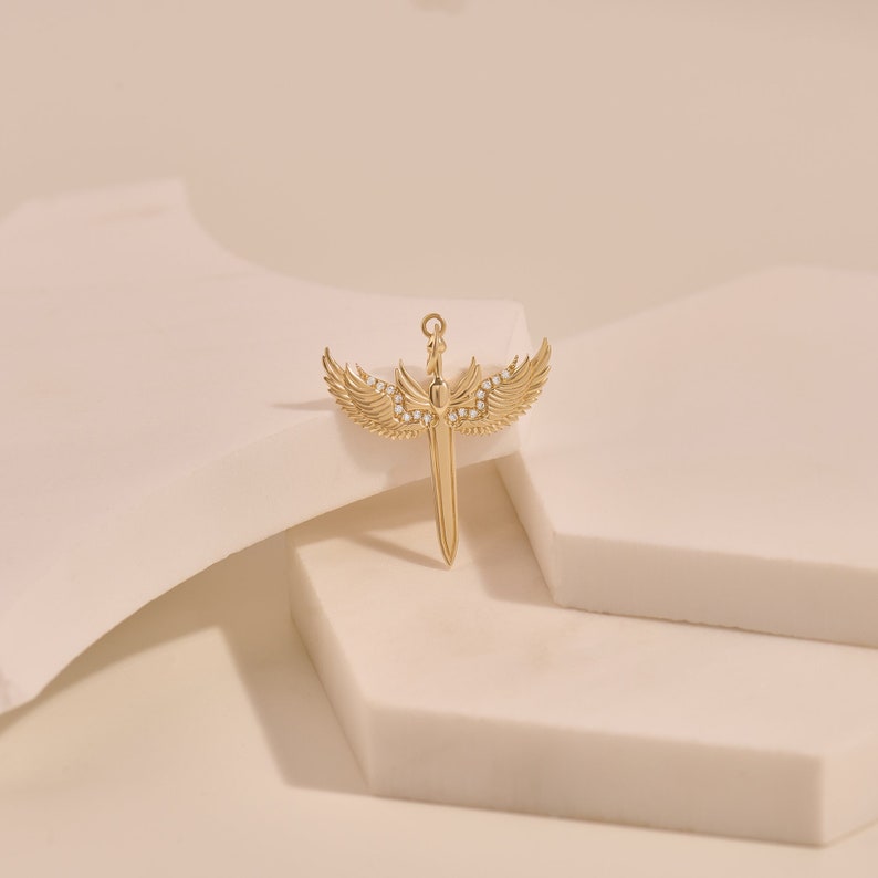 Angel Wing Sword Pendant / 14k Solid Gold Necklace for Women / Winged ...