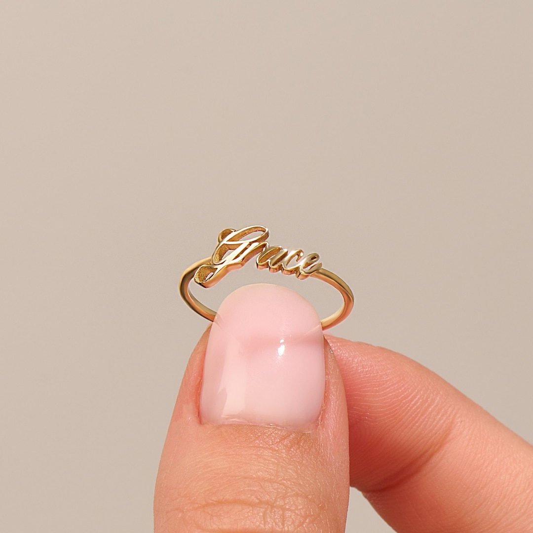 14k Gold Personalized Cursive Name Ring, Solid Gold Custom Name Ring ...