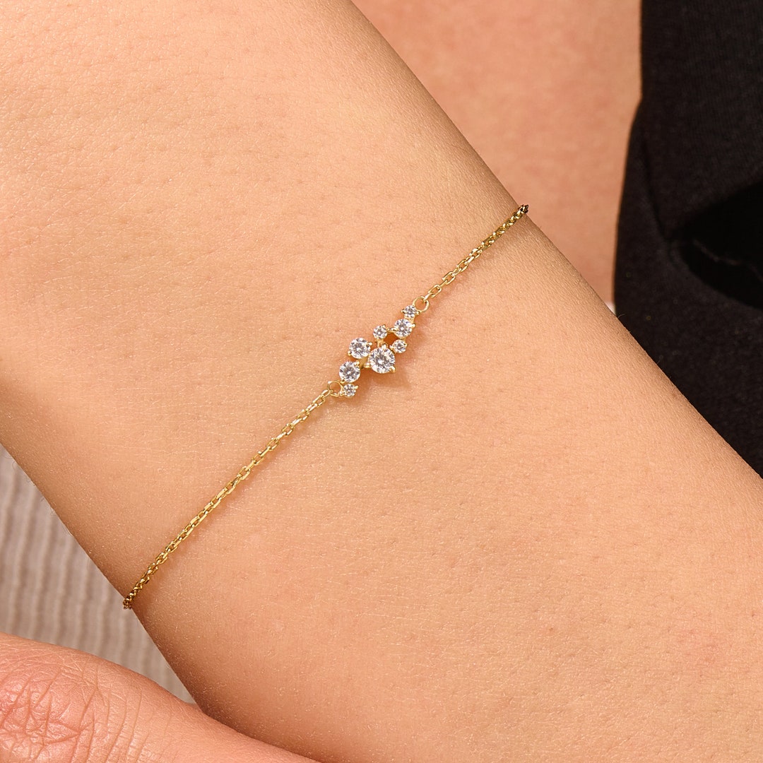 Cluster Bracelet in 14k Solid Gold Dainty Cluster Cz Layering Bracelet ...