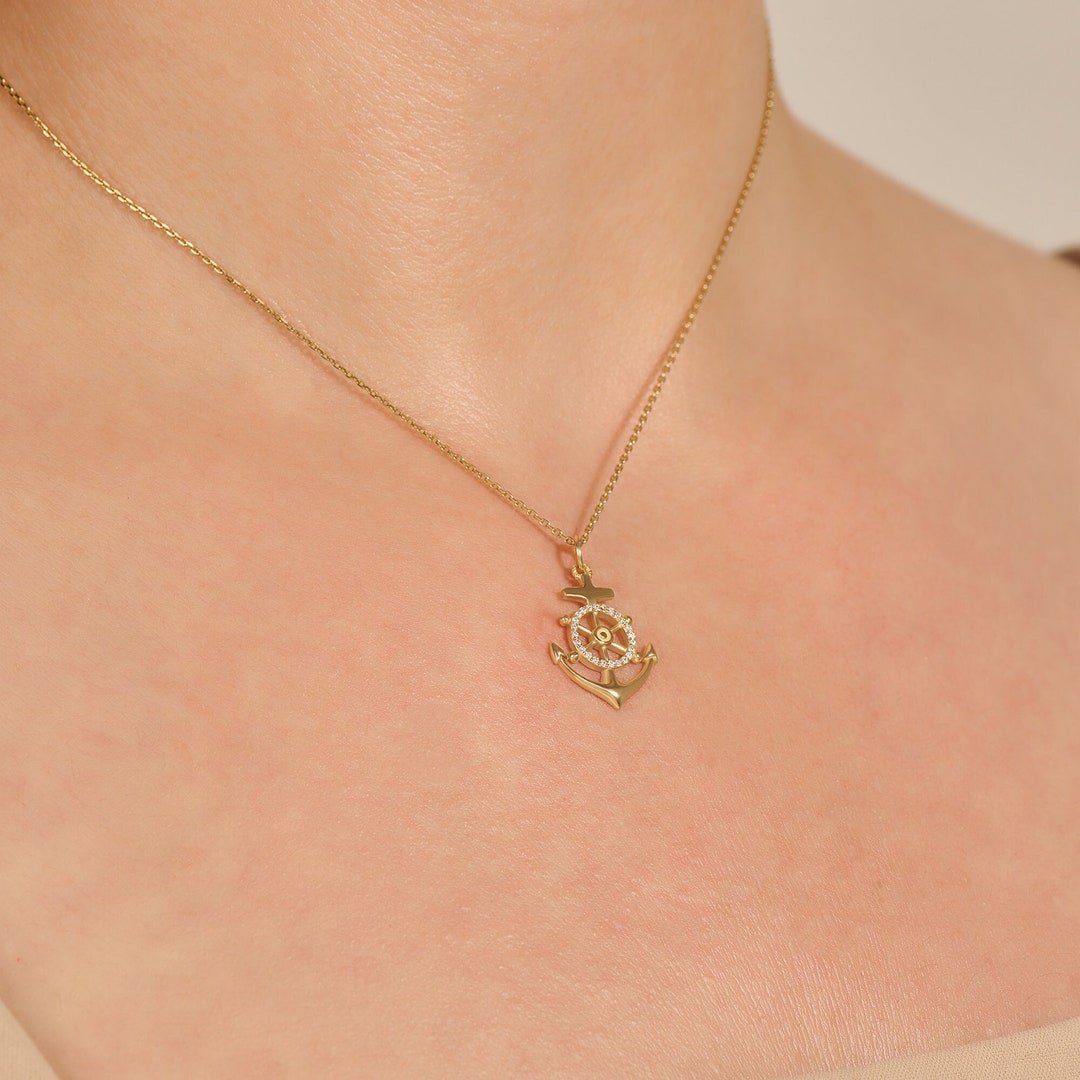 Pave Anchor & Wheel Pendant 14k Solid Gold Nautical Symbol - Etsy