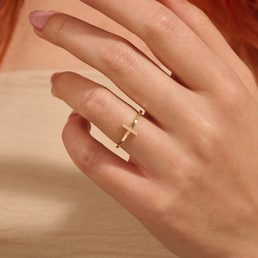 Small Plain Cross Ring, 14k Solid Gold Sideways Cross Ring, Minimalist ...