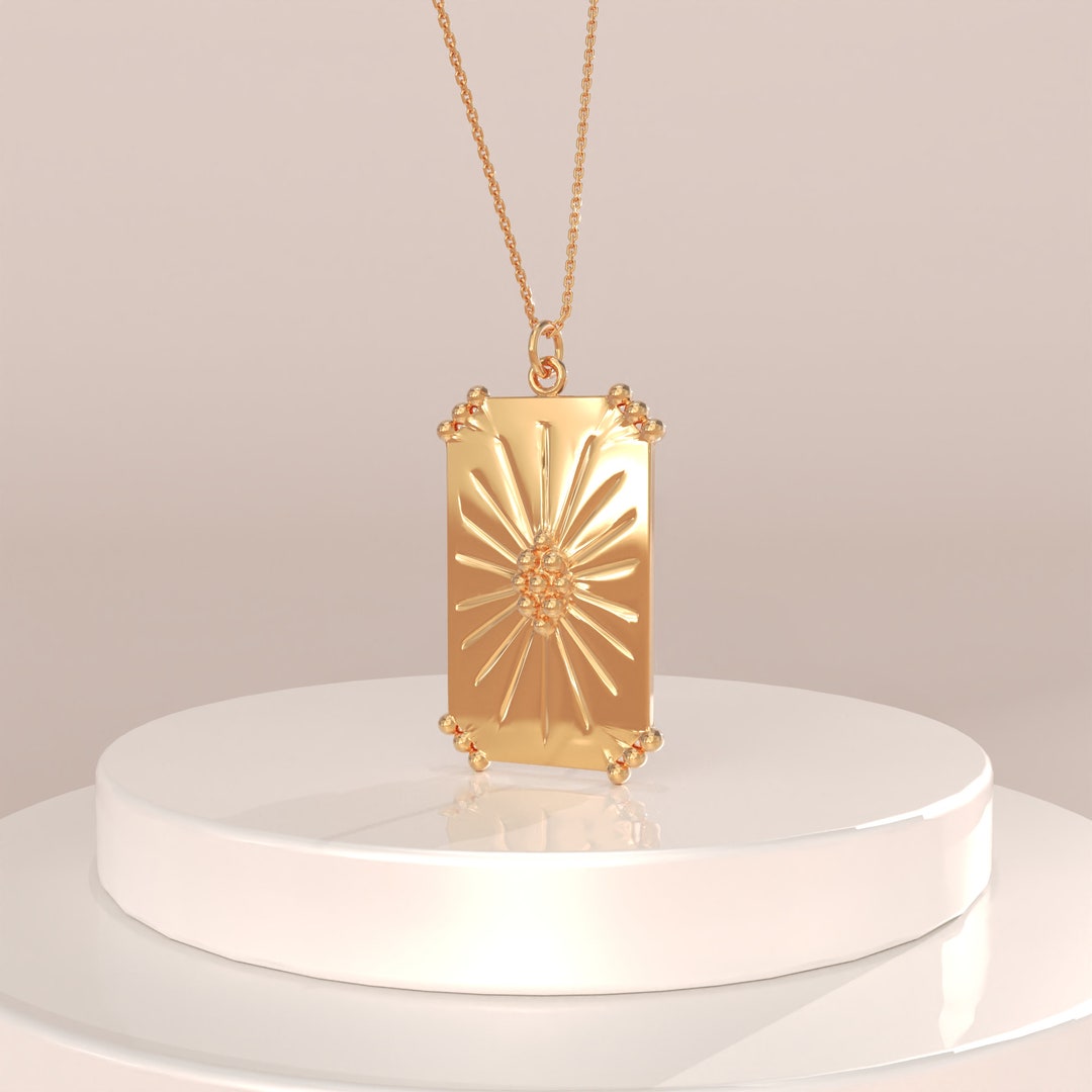 Sunbeam Rectangle Pendant Necklace, 14k Solid Gold Minimal Embossed ...