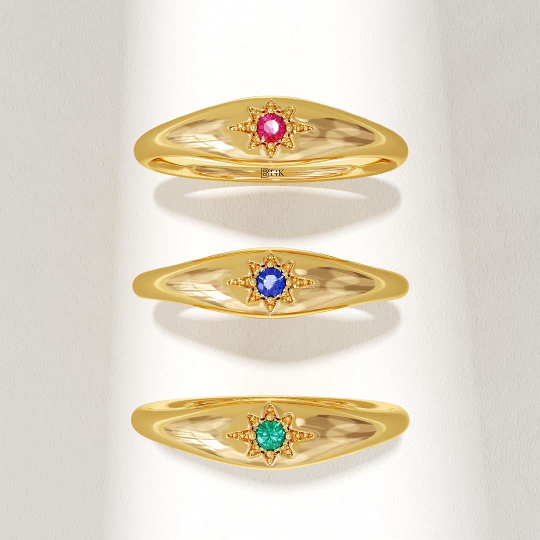 Birthstone Star Pinky Ring / 14k Solid Gold Custom Signet Ring ...