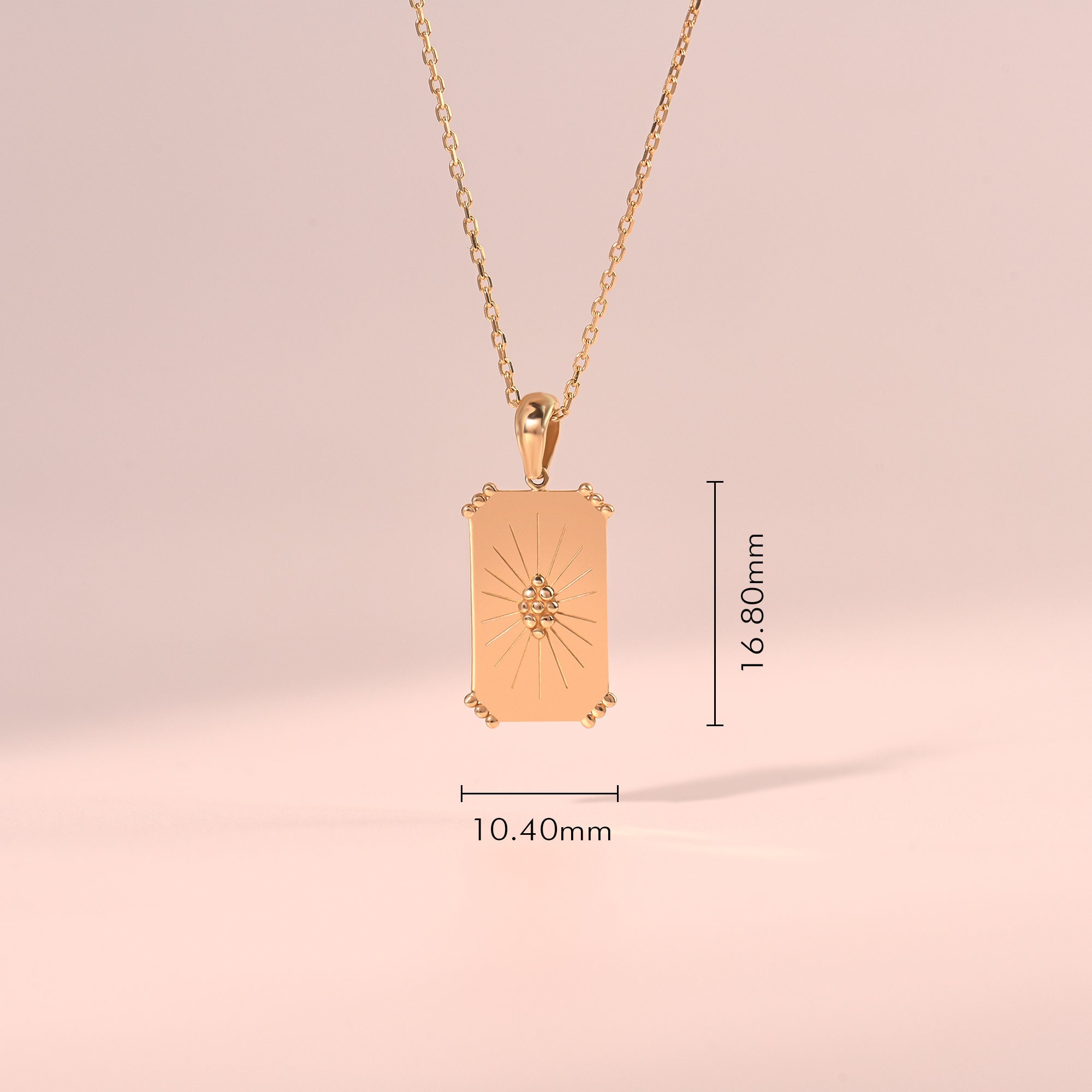 14K Solid Gold Rectangle Celestial Necklace, Granulated Sunburst ...