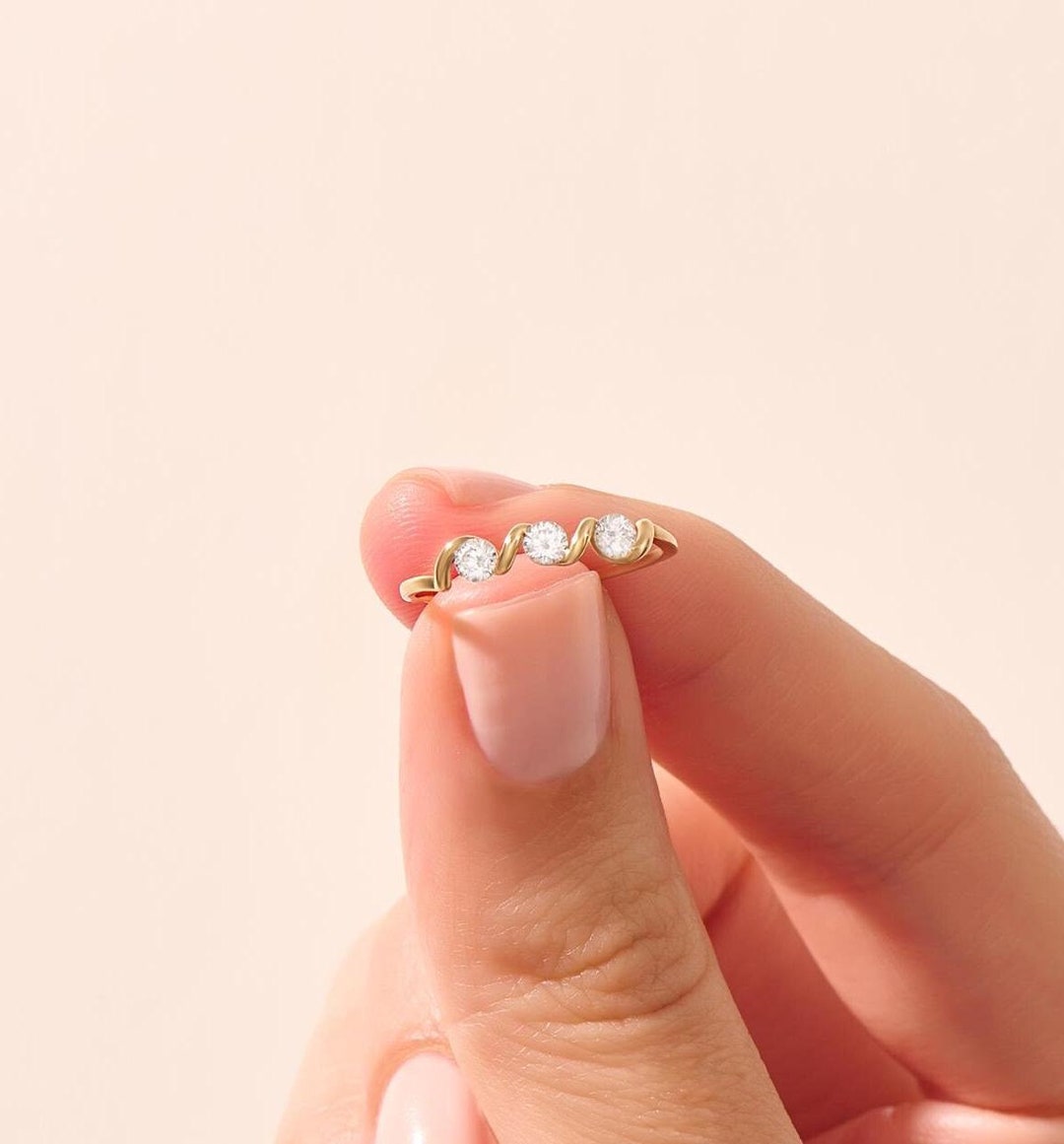 Three Stone Wedding Band,solid Gold Stacking Rings for Women,14k Gold ...