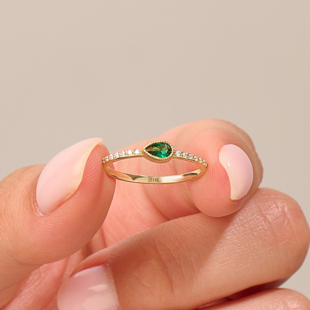 14k Gold Pear Birthstone Ring, Solid Gold Custom Gemstone Ring, Mothers ...