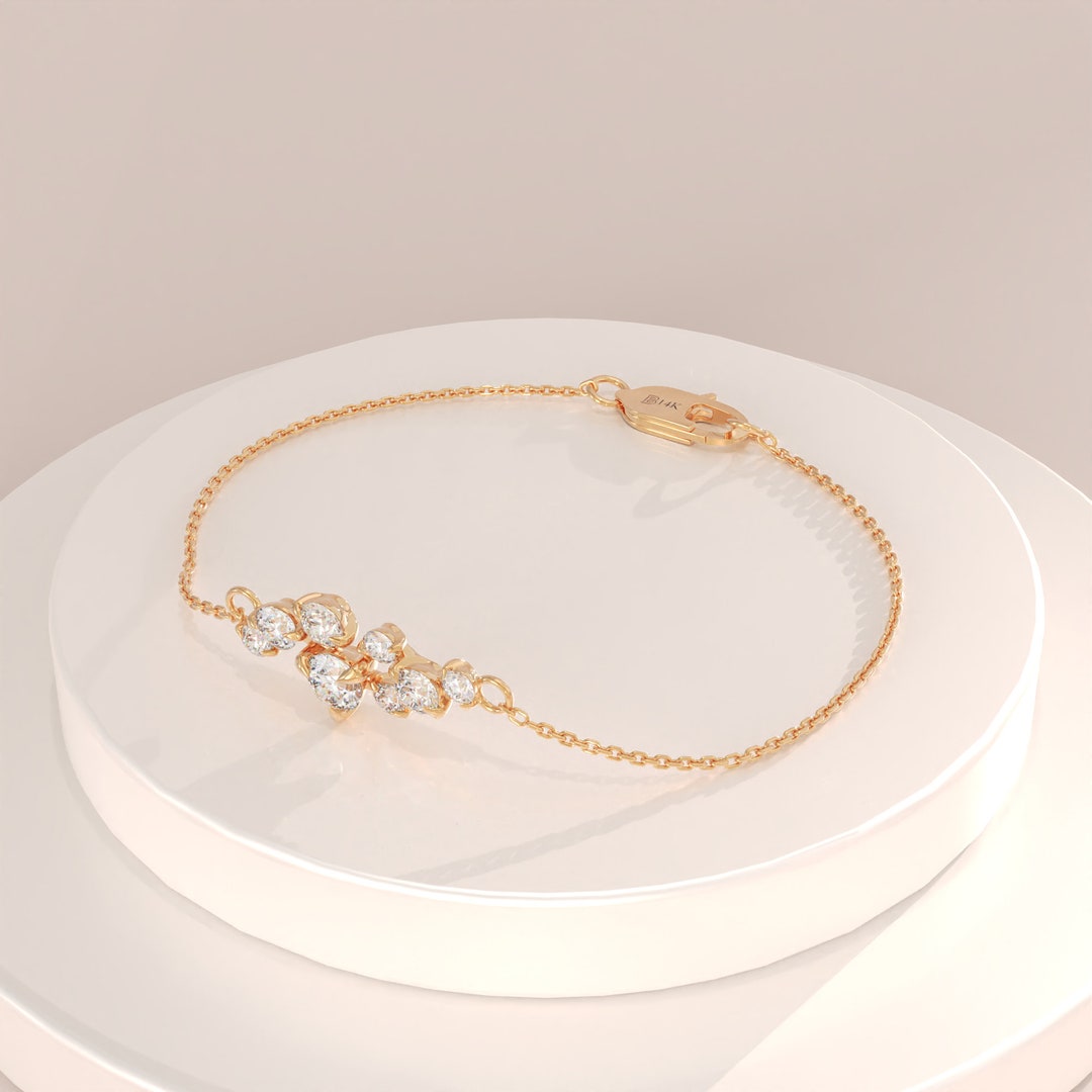 Cluster Bracelet in 14k Solid Gold, Dainty Cluster Cz Layering Bracelet ...