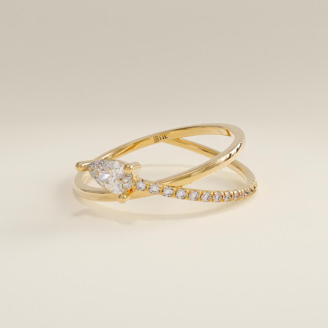 14k Crossover Engagement Ring, Solid Gold Criss Cross Ring Women, Pear ...